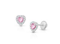 China 925 Sterling Silver Heart Shaped Pink & White CZ Stud Earrings with Pave Setting for Children's Fine Jewelry for sale