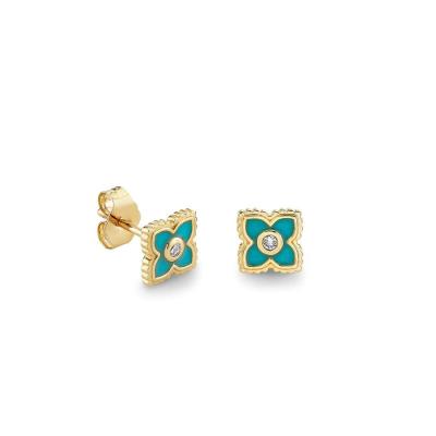 China 18K Gold Plated Turquoise Enamel Mini Stud Flower Earrings in 925 Sterling Silver for sale