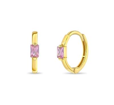 China 14K Gold Plated 10mm Baguette Cut Pink Cubic Zircon Children's Hoop Earrings with 50PRS MOQ for sale