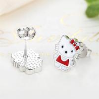 China Kitty Childrens Silver Stud Earrings Red White Black Enamel Jewelry In 925 Silver for sale