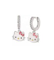 China Rhodium Plated Hello Kitty Dangle Hoop Earrings in Sterling Silver with CZ and Enamel for sale