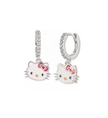 China Rhodium Plated Hello Kitty Dangle Hoop Earrings in Sterling Silver with CZ and Enamel for sale