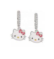 China Rhodium Plated Hello Kitty Dangle Hoop Earrings in Sterling Silver with CZ and Enamel for sale
