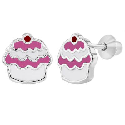 China Cupcake Pink Enamel 925 Sterling Silver Screw Back Children Earrings Jewelry for sale