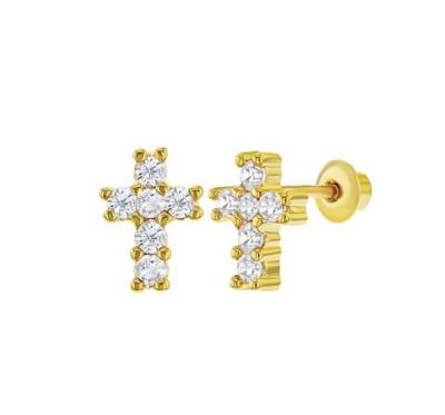 China Mini Cross 18K Gold Baby Screw Back 925 Sterling Silver Stud Earrings with White CZ Stone for sale
