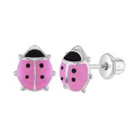 China 925 Sterling Silver 8mm Pink and Black Enamel Ladybug Stud Earrings for Baby Girls with Screw Back for sale