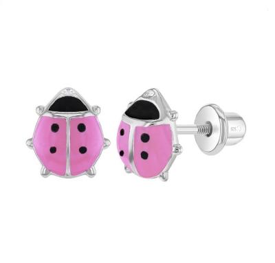 China 925 Sterling Silver 8mm Pink and Black Enamel Ladybug Stud Earrings for Baby Girls with Screw Back for sale
