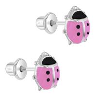 China 925 Sterling Silver 8mm Pink and Black Enamel Ladybug Stud Earrings for Baby Girls with Screw Back for sale