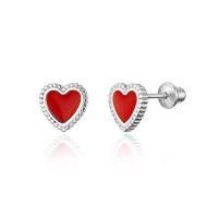 China Children's Safe Screw Back Earrings in 925 Sterling Silver with Tiny Red Enamel Heart for sale