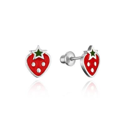 China White Gold Plated Strawberry Baby Red and Green Enamel Screw Back Children Earring for sale