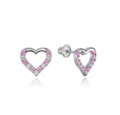 China Micro Insert Heart Pink Screw Back Earrings for Children in 925 Sterling Silver for sale