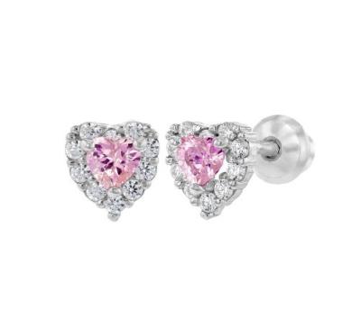 China Rose Gold Plated Heart Pink CZ Screw Back Stud Earrings for Kids in 925 Sterling Silver for sale