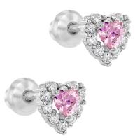 China Rose Gold Plated Heart Pink CZ Screw Back Stud Earrings for Kids in 925 Sterling Silver for sale