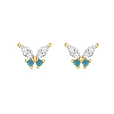 China 18K Gold Marquise Cut Turquoise CZ 925 Sterling Silver Butterfly Stud Earrings for Women for sale