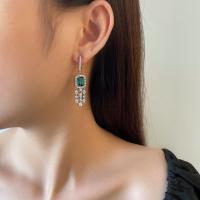 China Real Sterling Silver 925 Green Baguette CZ Diamond Long Hoop Earrings for Unisex Wear for sale
