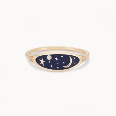China Handmade 18K Gold Plated Midnight Blue Enamel 925 Sterling Silver Round Brilliant CZ Stacking Ring for Girls for sale