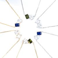 China Hot Selling 925 Silver Cushion Cut Sapphire and Rectangle Cut White Zircon Color Block Zirconia Double Stone Pendant Necklaces for sale