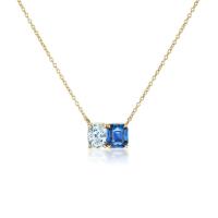 China Hot Selling 925 Silver Cushion Cut Sapphire and Rectangle Cut White Zircon Color Block Zirconia Double Stone Pendant Necklaces for sale