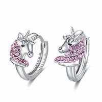China 925 Sterling Silver Unicorn Huggie Earrings 16mm Pink CZ for Kids for sale