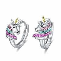 China 925 Sterling Silver Unicorn Huggie Earrings 16mm Pink CZ for Kids for sale