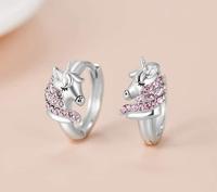 China 925 Sterling Silver Unicorn Huggie Earrings 16mm Pink CZ for Kids for sale
