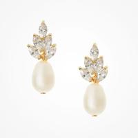 China Handmade 18K Gold Plated Pearl Drop Earrings with White Glass Pearls for Bridal and Wedding for sale