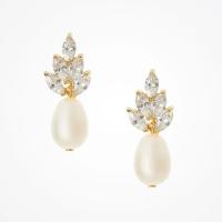 China Handmade 18K Gold Plated Pearl Drop Earrings with White Glass Pearls for Bridal and Wedding for sale