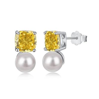 China 925 Sterling Silver Freshwater Pearl Stud Earrings with Cushion Cut Zircon for Women for sale