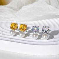 China 925 Sterling Silver Freshwater Pearl Stud Earrings with Cushion Cut Zircon for Women for sale