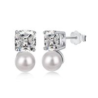 China 925 Sterling Silver Freshwater Pearl Stud Earrings with Cushion Cut Zircon for Women for sale