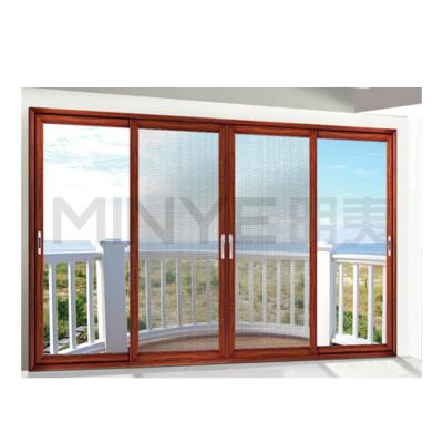 China Wood Grain Aluminium Sliding Doors Double Tempered Glass 5mm+12A+5mm Good Sealing for sale