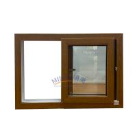 China Wood Color UPVC Horizontal Sliding Window with Double Glazed Glass Door 5mm+12A+5mm for sale