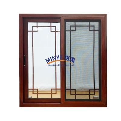 China Wood Grain Aluminum Sliding Window Double Tempered Glass 5mm+12A+5mm Built-in Spacer for sale