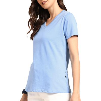China Hot Sale Custom Logo Blue Deep V neck Pure Cotton Short Sleeve Shirts For Women for sale