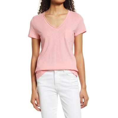 China Customized Comfortable Pink Deep V neck Pure Cotton Women's Short Sleeve T Shirts for sale