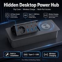 China Premium Desktop Pop Up Power Station with Aluminum Panel Schuko Socket Multi Port USB Fast Charge and 15W Wireless Charging Pad for sale