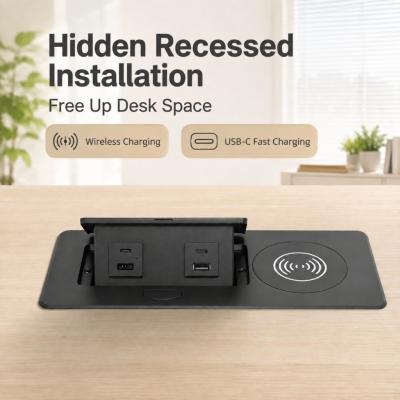 China Aluminum Alloy Recessed Pop Up Socket Box with 15W Wireless Charger and Dual 20W USB-C PD Ports for sale