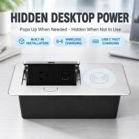 China SAA Certified Aluminum Recessed Pop-Up Desk Power Outlet with 15W Wireless Charger, 20W USB-C PD & 18W QC USB-A for sale
