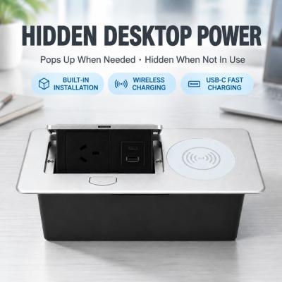 China SAA Certified Aluminum Recessed Pop-Up Desk Power Outlet with 15W Wireless Charger, 20W USB-C PD & 18W QC USB-A for sale