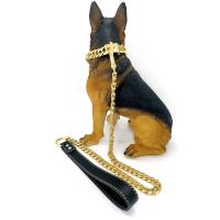 China 15mm Gold Stainless Steel Heavy Duty Dog Chain Leads Walking Dog Training Traction Black Leather Handle for sale