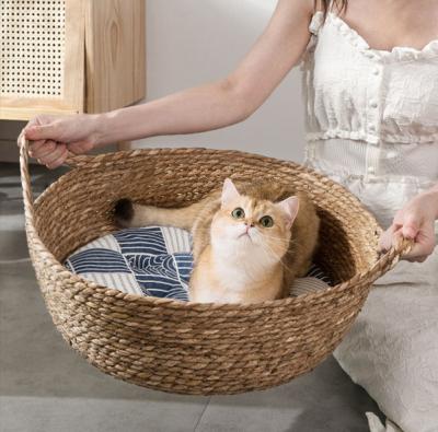 China Natural Handmade Braided Cattail Bamboo Cat Bed With Soft Cushion for sale