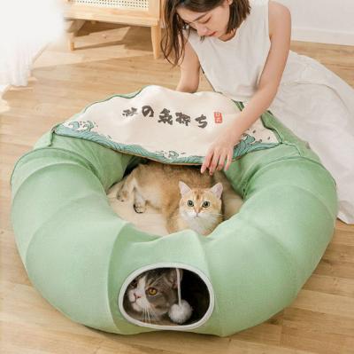China Washable Cushion Cat Tube Bed Double Sided Suede With Central Mat for sale
