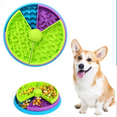 China Anti Slip Pet Food Bowls Three Color Round Plate Slow Food For Dog And Cat for sale