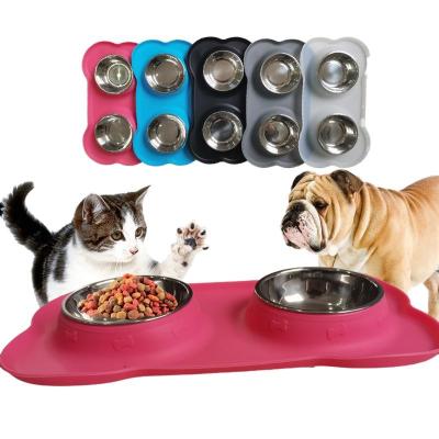 China Pet Silicone Anti Spill Bowl Dog Stainless Steel Eating And Drinking Double Bowl for sale