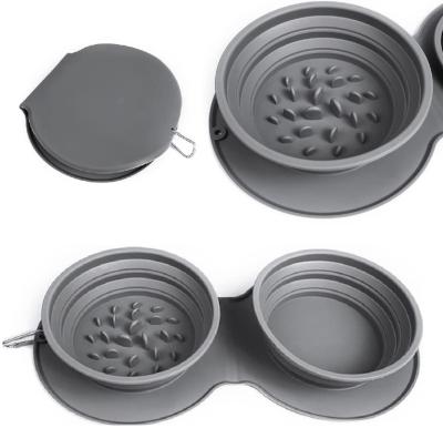 China Travel Dog Bowl Collapsible Slow Feeder Double Pet Bowl Silicone Mat for sale