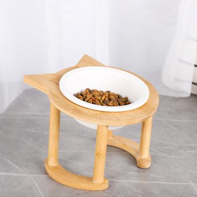 China Cat Protection Cervical Vertebra Double Bowl Raised Ceramic Bamboo Wood for sale