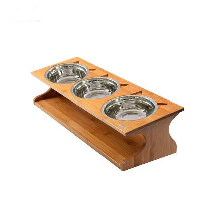 China Pet Bowl Stainless Steel Bowl Solid Wood Shelf High Foot Oblique Mouth Protection Cervical Vertebra Bowl for sale