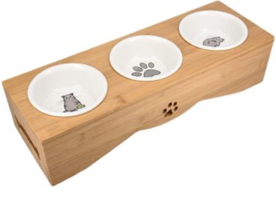 China Raised Ceramic 3 Puppy Bowl Set Triple With Bamboo Stand for sale