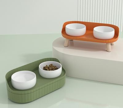 China Raised Ceramic Cat Bowls With Stand Cute Elevated Dog Dish for sale