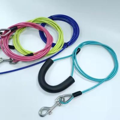 China Pvc Heavy Duty Tie Out Cable Leash with Metal Durable Spring Double-ended Steel Glue Coating Wire Traction Rope for Dogs Outdoor for sale